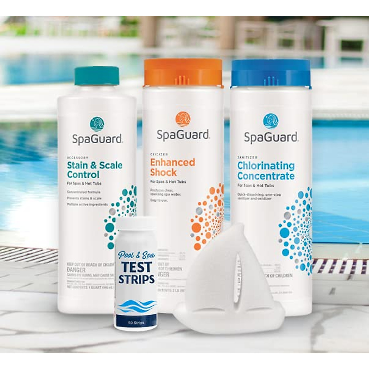 Standard Hot Tub Chemical Bundle with SpaGuard Chlorine, Enhanced Shock, Stain and Scale Control, Test Strips, LeisureQuip Scum Absorber