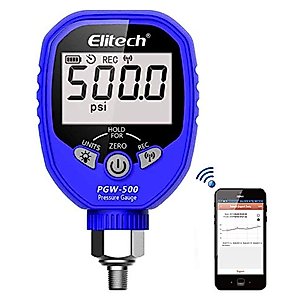 Elitech PGW-500 Wireless Digital Pressure Gauge with Temperature App Alerts for HVAC System IP65 Waterproof -14.5~500 PSI 1/8'' NPT
