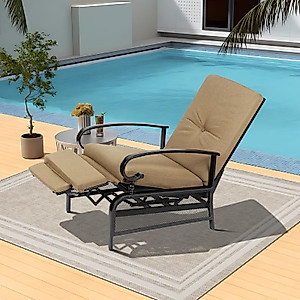 SOLAURA Outdoor Recliner Adjustable Backrest Lounge Chair with Black Metal Frame & Removable Cushions for Porch, Backyard, Pool or Garden (Beige)