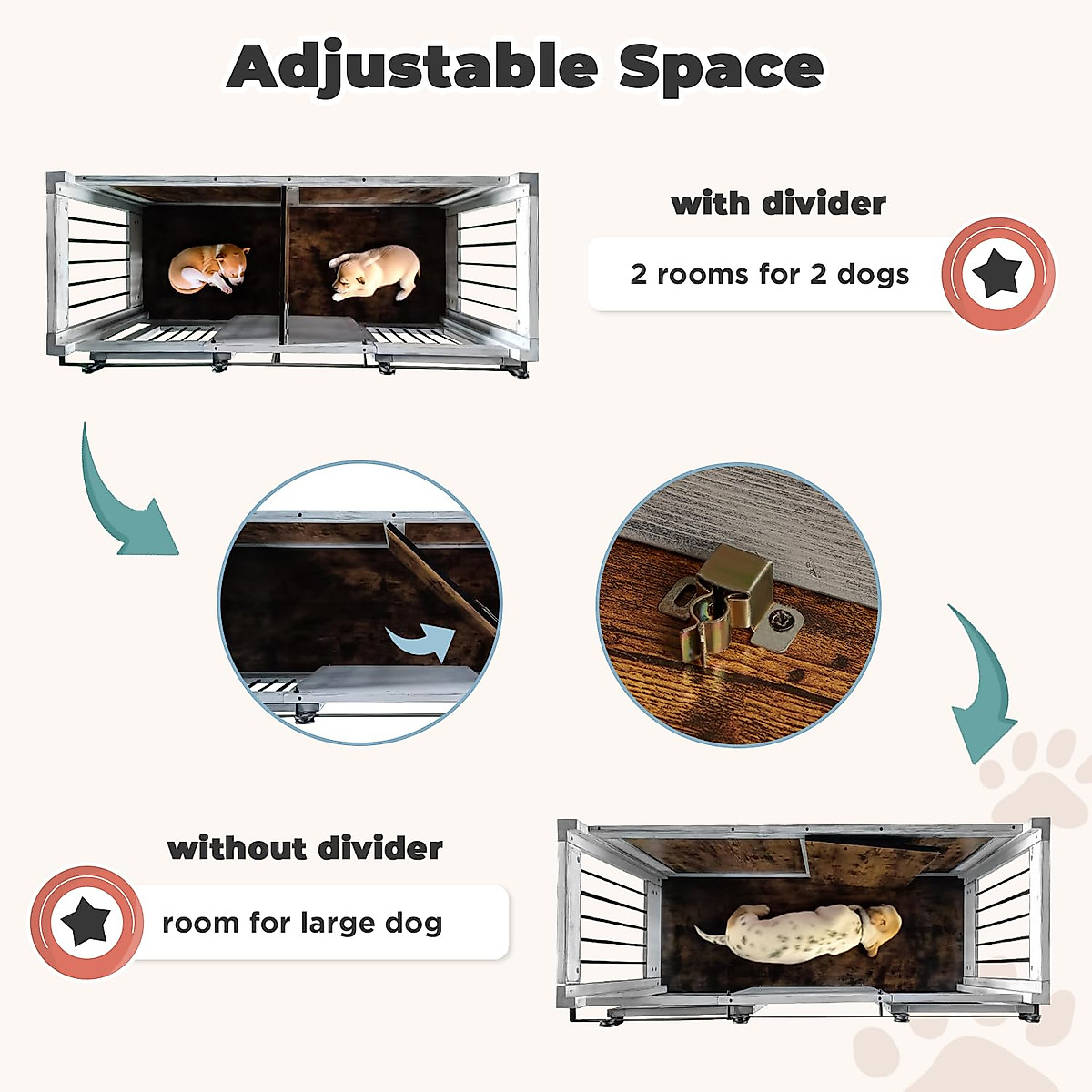 MELLCOM Large Wooden Dog Cage, Durable and Bite Resistant, Spacious with Dividers, Sliding Barn Door Design, White and Brown