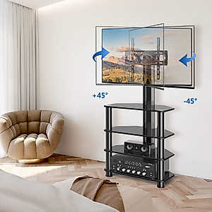 Rfiver Swivel TV Stand with Mount for 32"-70" Flat Screen, Slim Corner Entertainment Floor TV Mount with 4-Tier Tempered Glass Media Shelves, Height Adjustable and Cable Management