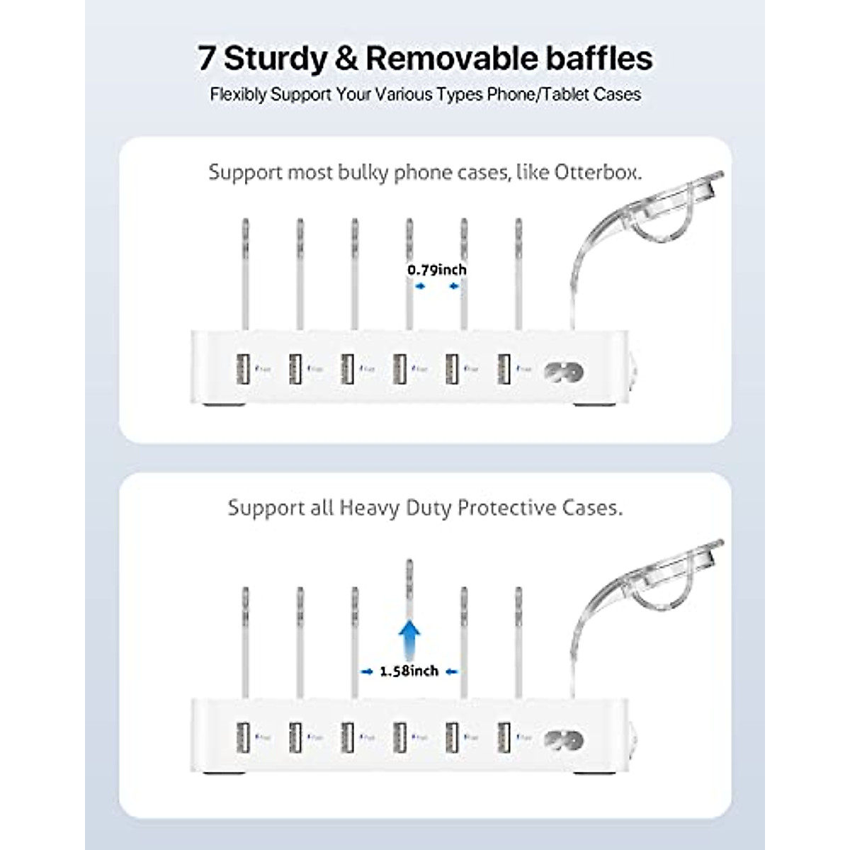 SooPii Premium 6-Port USB Charging Station Organizer for Multiple Devices, 6 Short Charging Cables and One Upgraded i-Watch Charger Holder Included, for Phones, Tablets, and Other Electronics, White