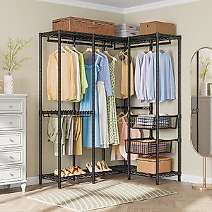 VIPEK L40 Pro L Shape Garment Rack Corner Clothes Rack for Hanging Clothes, Heavy Duty Clothing Rack with 2 Sliding Baskets & 10 Pants Hangers, Freestanding Wardrobe Closet, Max Load 1000lbs, Black