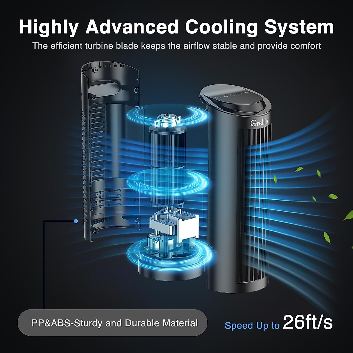 Grelife 13" Bladeless Tower Fan with 70° Oscillation, Touch Screen and Remote Control, 3 Speeds, 4 Wind Modes, 12-Hour Timer - Compact Cooling for Home Office Bedroom