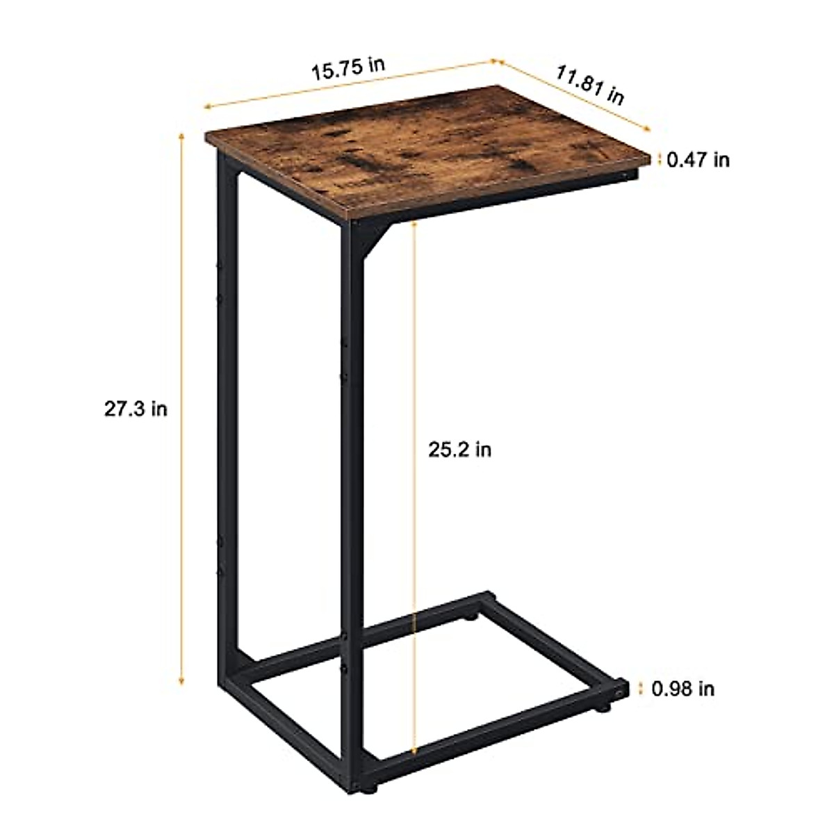 Nandae C Shaped End Table, Side Table Tray Side Table Bedside Table Height 27.3'' with Metal Frame for Laptop, Snack, Sofa Couch, Bed Living Room Bedroom, Rustic Brown