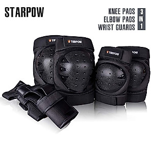 Knee Pads For Kids/Adult Elbows Pads Wrist Guards 3 In 1 Protective Gear Set For Skateboarding, Roller Skating, Rollerblading, Snowboarding, Cycling(S/M/L) By STARPOW (Black, Youth)