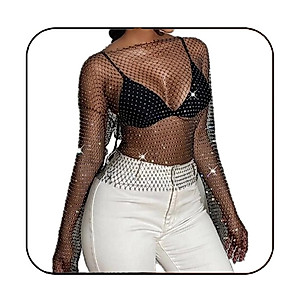 GENBREE Mesh Tank Top Rhinestone Body Chain Glitter Long Sleeve Cover up Crop Tops Elastic Fishnet Body Jewelry Accessories for Women and Girls