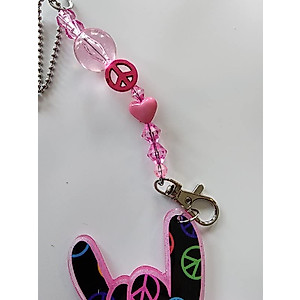 PEACE AND LOVE PINK GLOW IN THE DARK BEADED REAR VIEW MIRROR HANGINGE CAR CHARM - HANDMADE - FREE STANDARD SHIPPING