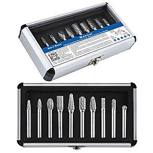 Mars-Rock Carbide Burr Set 1/4" Shank 10PCS w/Wood Base Die Grinder Bits Rotary Rasp File for Metal Welds Concrete Stone Wood Plastic Carving Cutting Chamfering Grinding Engraving Porting Trimming