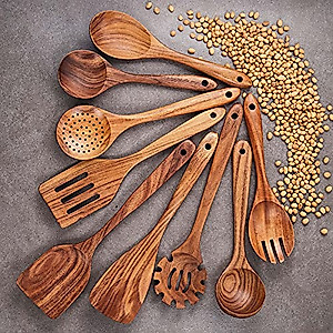 Wooden Kitchen Utensils Set,GUDAMAYE 9 PCE Wooden Spoons for Cooking,Wooden Cooking Utensils,Natural Teak Wooden Spoons For Non-stick Pan