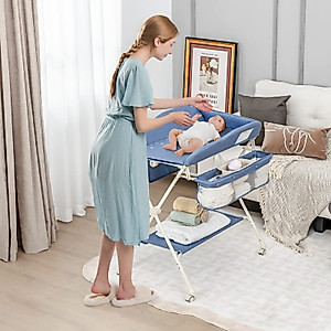 INFANS Portable Baby Changing Table, Folding Diaper Dresser Station with Wheels, Adjustable Height, Safety Belt, Drying and Storage Rack, Mobile Nursery Organizer Stand for Newborn Infant (Gray)