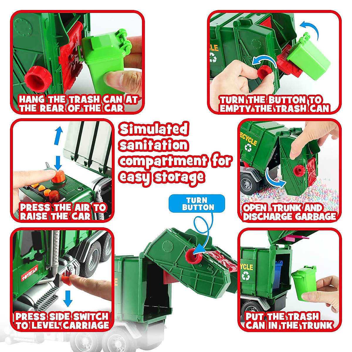 Dwi Dowellin Toddler Toys for 3 + Years Old Boys, 15" Large Garbage Truck Toy,Friction Powered Waste Management Garbage Truck with Lights and Sounds,3 Rear Loader Trash Cans,Kids Gift