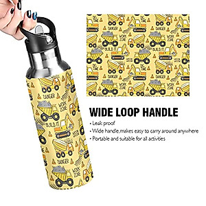 Truck Yellow Water Bottle Boys Kids Insulated Thermos Stainless Steel Hot Cold Water Flask Jug with Straw Lid for Sports Gym Running 20 oz