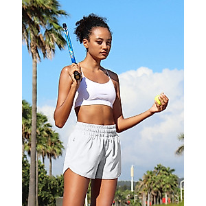 SANTINY Women's Running Shorts with Zip Pockets High Waisted Athletic Workout Gym Shorts for Women with Liner (A White_S)