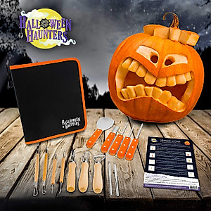 Halloween Haunters Ultimate 14 Piece Professional Pumpkin Carving Tool Kit - Easily Carve Sculpt Halloween Jack-O-Lanterns - 18 Cuts, Scoops, Scrapers, Saws, Loops