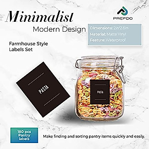 180 Preprinted Pantry Labels, Prefdo Waterproof Minimalist Food Label Stickers Set to Kitchen Organization Storage Containers, Jars & Canisters（Black）