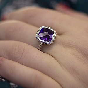 Jewels By Lux 14k White Gold Genuine Purple Birthstone Solitaire Cushion Cut Amethyst And Diamond Wedding Engagement Ring - Size 4.5 (2.99 Cttw.)