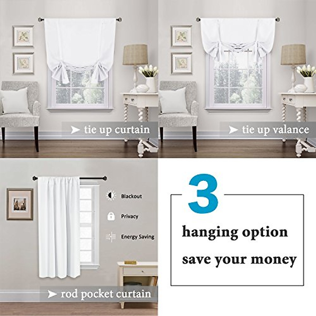 H.VERSAILTEX Pure White Curtain Thermal Insulated Tie Up Window Shade Light Blocking Curtains for Bathroom, Rod Pocket Panel- 42in Wide by 63in Long