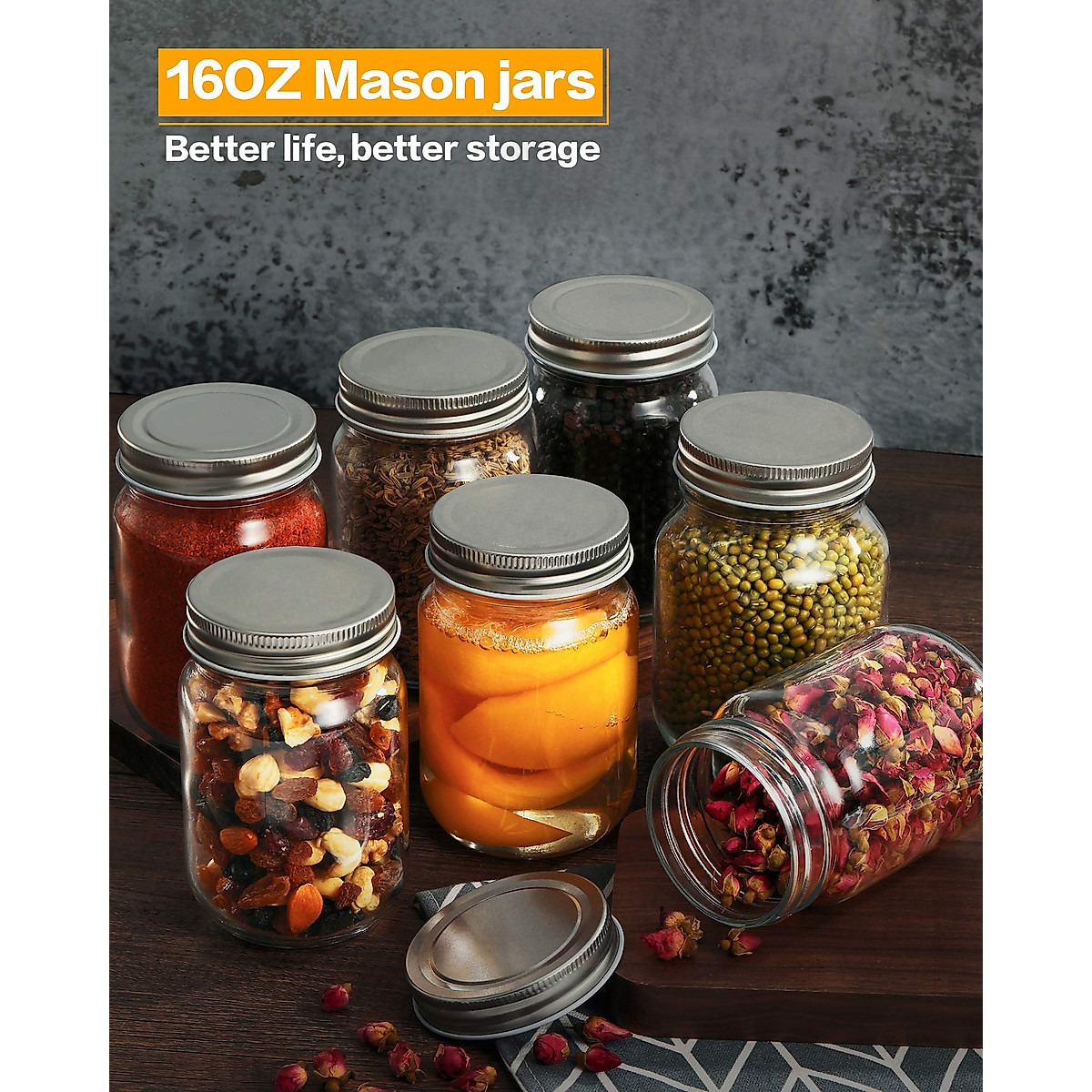 16 oz Mason Jars With Lids Regular Mouth 15 Pack-16 oz Glass Jars with Lids,Bulk Pint Clear Glass Jars For Meal Prep, Food Storage With 20 Labels (Silver Lids)