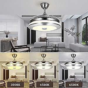 MoreChange 36" Retractable Ceiling Fans with Lights and Music Speaker,Modern Bluetooth LED Chandelier Fans For Dining Room wih Remote Control 3 Speeds 3 Color Changes Lighting Fixtures for Living
