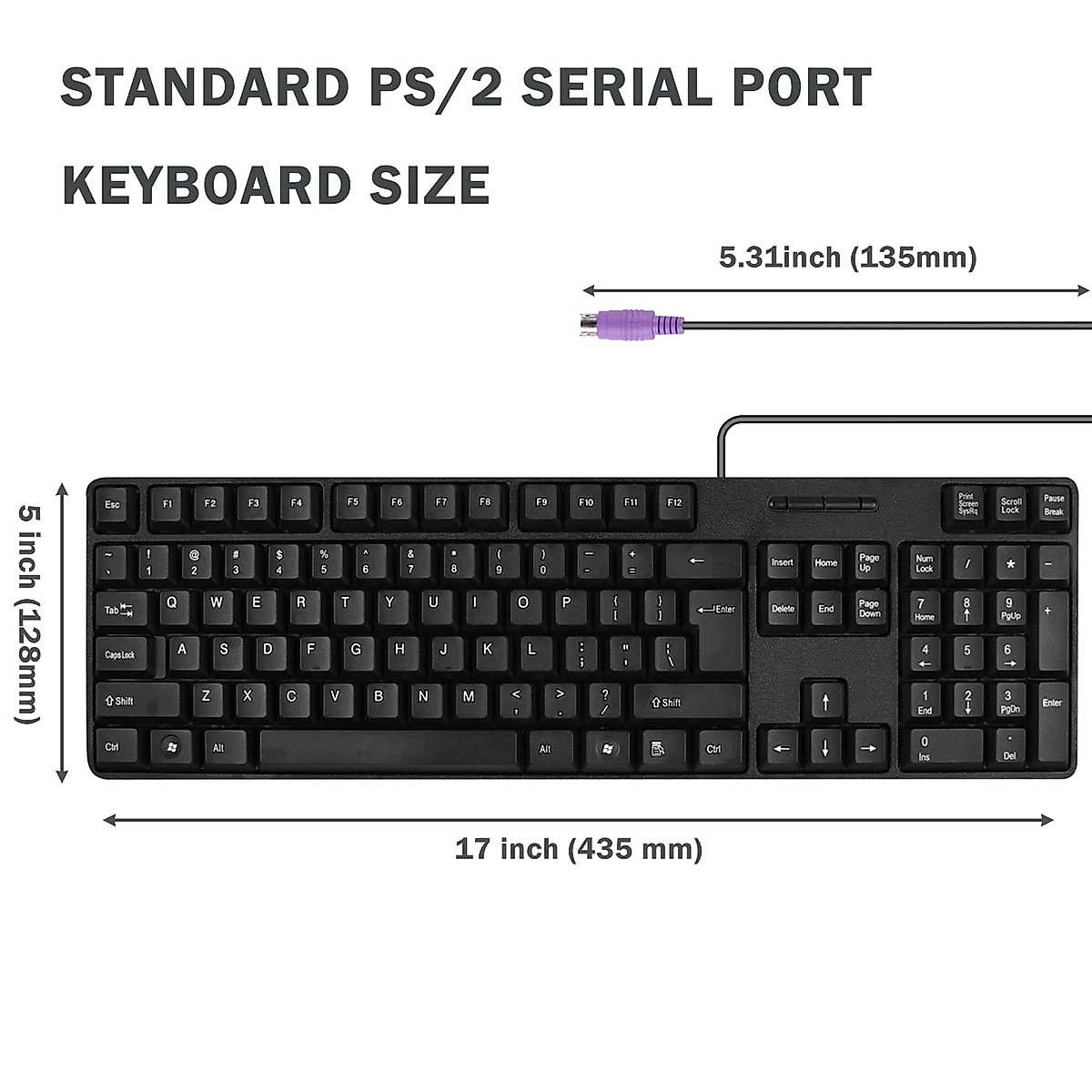 MCSaite Wired PS2 104 Keys Computer Keyboard with Stands,Black,Waterproof - US Layout Compatible for Windows, PC, Laptop