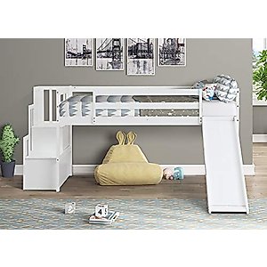 BOVZA Twin Size Low Loft Bed with Stairs and Slide, Wood Bedframe with Safety Guardrails for Kids Boys Girls, White