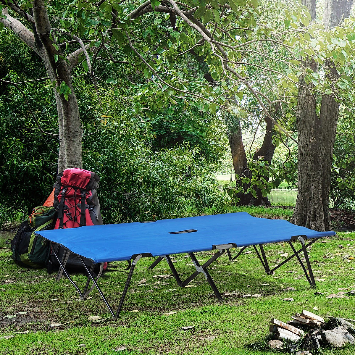 Outsunny 2 Person Folding Camping Cot for Adults, 50" Extra Wide Outdoor Portable Sleeping Cot with Carry Bag, Elevated Camping Bed, Beach Hiking, Blue