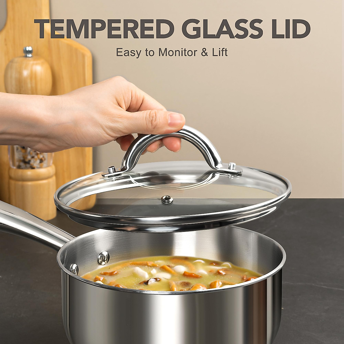 MICHELANGELO Stainless Steel Pot Set 6 Pcs with Triply Base, Stainless Steel Saucepans with Lids, Induction Saucepan Set with Stay-cool Handle - 1QT & 2QT & 3QT