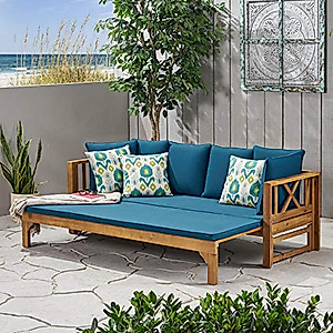 Great Deal Furniture Camille Beach Outdoor Extendable Acacia Wood Daybed Sofa, Teak and Dark Teal