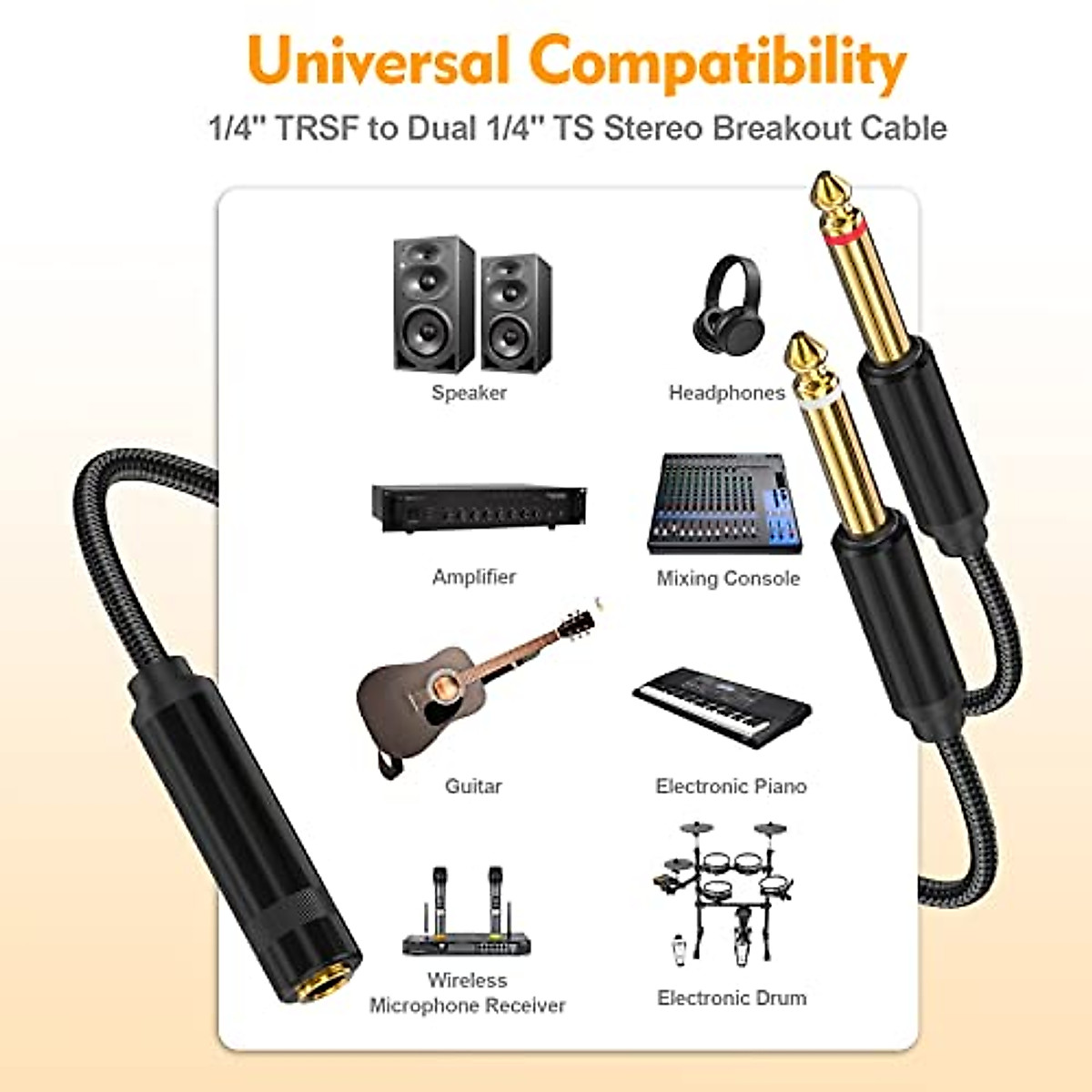 HOSONGIN 1/4 TRS Stereo Jack to Dual 1/4 TS Mono Y-Splitter Insert Cable, Nylon Braided Jacket Gold-Plated Plug Double Shielding Cable, 1 Feet