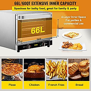 VEVOR Commercial Convection Oven, 66L/60Qt, Half-Size Conventional Oven Countertop, 1800W 4-Tier Toaster w/ Front Glass Door, Electric Baking Oven w/ Trays Wire Racks Clip Gloves, 120V