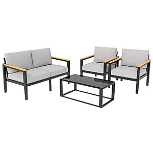 Outdoor Aluminum Furniture Set,4 Piece Patio Conversation Sets,Removable & Washable Cushion,Ink Color Tempered Glass Table Light Grey