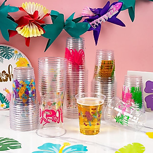 GuassLee 50 Luau Cups for Hawaiian Luau Party Decorations, 12 OZ Tiki Tropical Plastic Disposable Cups for Pool Flamingo Tiki Birthday Party Decor Supplies