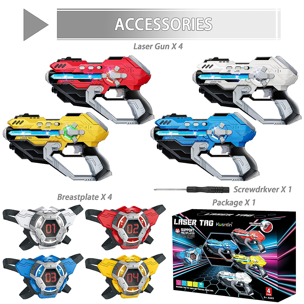 Kusntin Laser Tag Guns Set & Vests, Player Digital LED Display, Infrared Multi-Function Toy Gun, Arcade Gifts for Kids & Adults,Boys Girls for 8-12+ Years Old (Old Set of 4)