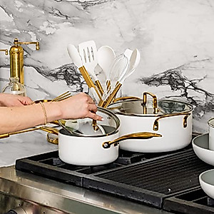 STYLED SETTINGS White Silicone and Gold Kitchen Utensils Set for Modern Cooking and Serving, Stainless Steel Gold Cooking Utensils and Gold Serving Utensils- Luxe White and Gold Kitchen Accessories