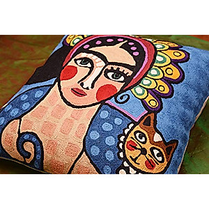 Kashmir Designs Bella Senorita Throw Pillow Cover | Mexican Art Pillow Hand Embroidered | Parrot Pillows | Blue Cat Pillow | Mexican Art Suzani Accent Pillow | Blue Couch Cushions | Wool Size - 18x18