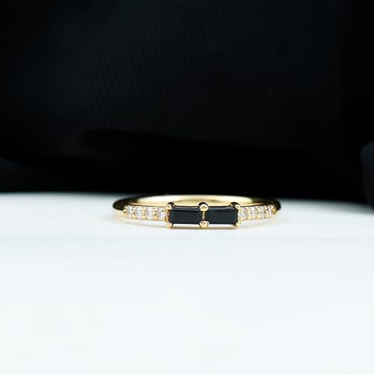 Natural Black Onyx Diamond Promise Ring For Women, Certified Onyx Stackable Ring, AAA Quality - With Jewelry Box, 14K Yellow Gold, Size:US 7.00