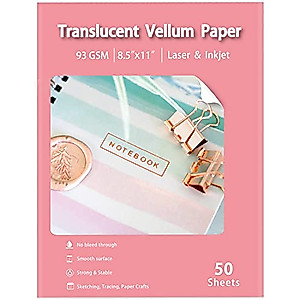 Translucent Vellum Paper 8.5x11 Inches, 50 Sheets Printable Transparent 93GSM/63LBS Vellum Paper for Printing Sketching Tracing Drawing
