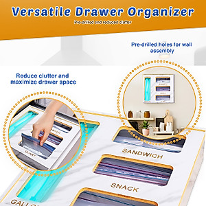 Bamboo Ziplock Bag Storage Organizer with Modern Marble Wrap Finish, Storage Holder for Plastic Food Bags, Sandwich, Quart, Snack, and Gallon Sized Slots