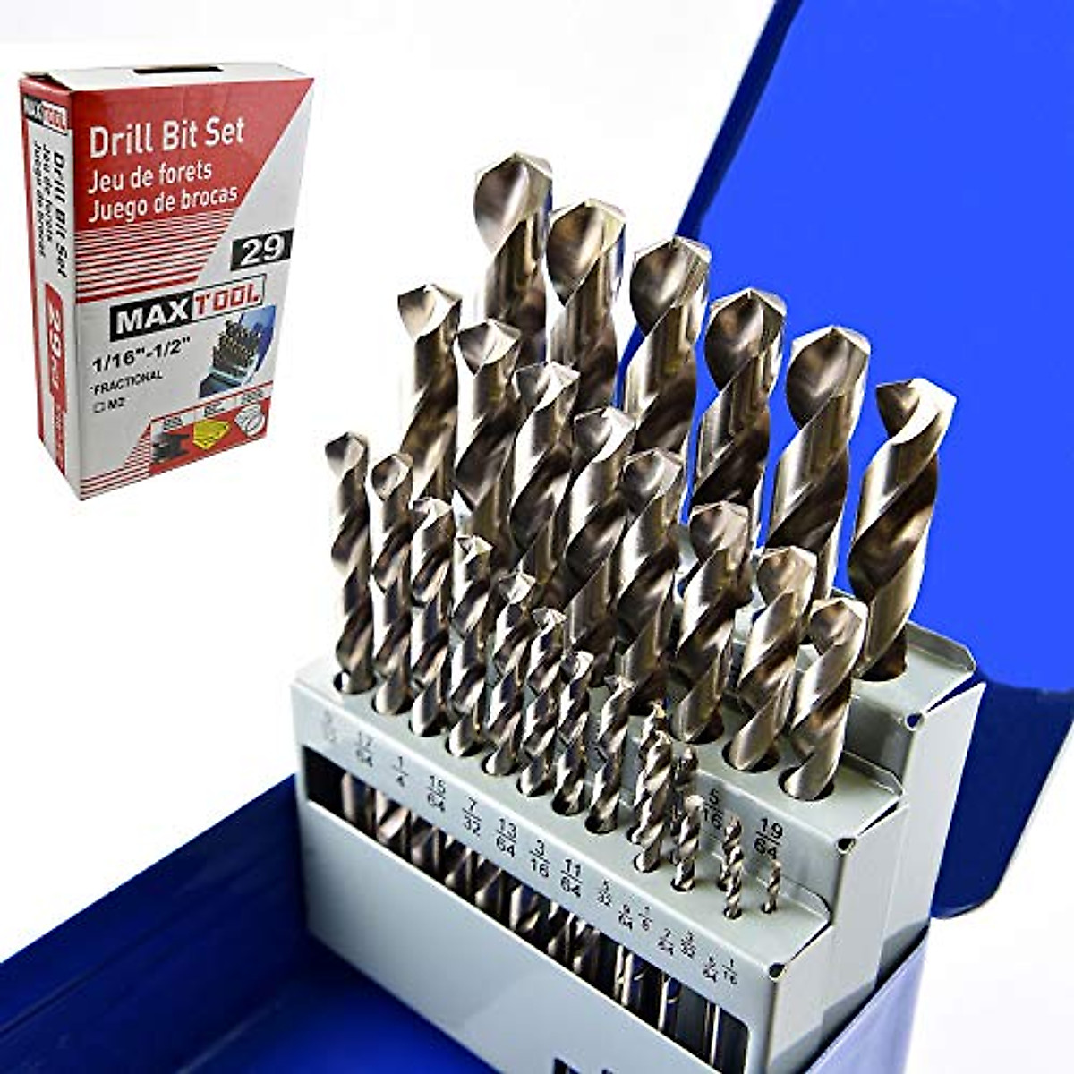 MaxTool 29 Pieces Drill Set 29PCs/29-Piece Twist Drill Bit Set High Speed Steel M2 Fully Ground 3-Flat 1/16“ to 1/2”x64th Fractional; JBS02W13R029P