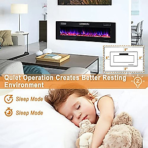 COSTWAY 60 Inches Ultra-thin Electric Fireplace, 750W/1500W Recessed & Wall Mounted Electric Fireplace with Remote Control, Timer, Log & Decorative Crystals, Adjustable Flame Color, Brightness, Speed 