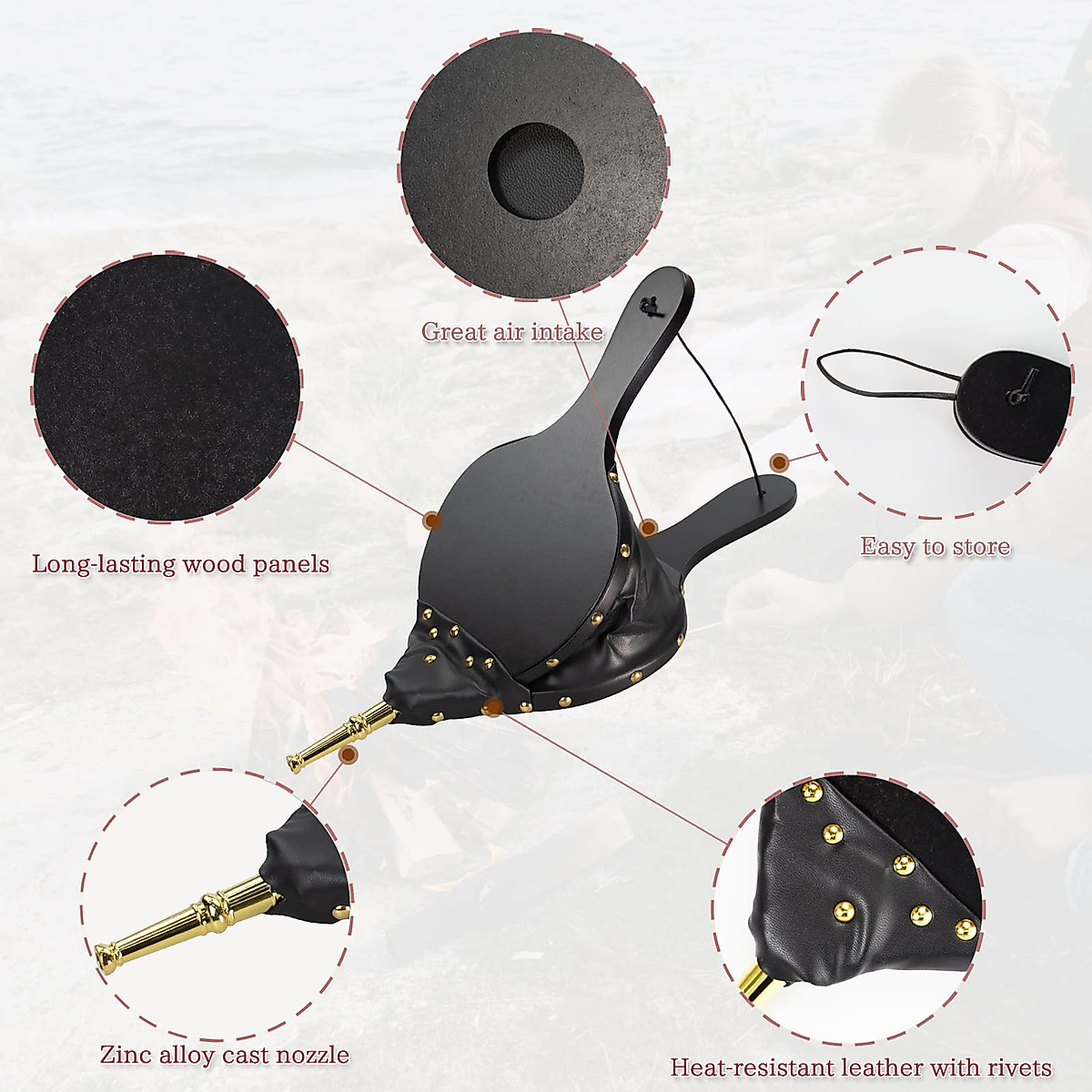 EsLuker.ly Fireplace Bellows Indoor 15.5" x 7", Wood Air Blower with Hanging Strap Cast Nozzle Hand Bellow Pump for Fire Pit Wood Stove BBQ Outdoor Camping (Black)