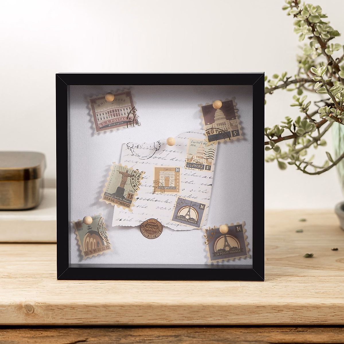 Califortree 8x8 Shadow Box Frame with Soft Linen Back - Push Pins Included, Memory Box Display Case for Flower, Tickets and 3D Items, Black