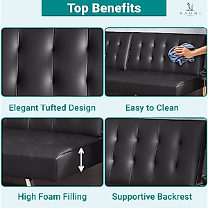 Naomi Home Tufted Split Back Futon Convertible Sofa Bed, Futon Couches for Living Room, Faux Leather Futon Couch Bed with Chrome Legs, Folding, Reclining Small Convertible Sofa Bed, Black