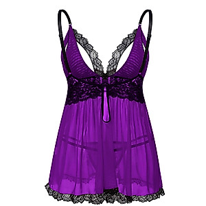Donnalla Women's Sexy Plus Size Lingerie - Split Cup Lace Babydoll Sleepwear Chemise Set (Purple,XXL)