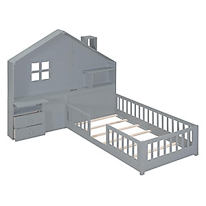 Floor Bed with Rails and House Shape Headboard, Twin Size House Beds with Storage Drawers and Shelves, Kids Montessori Bed with Charging Station for Girls Boys, USB Port & Outlets, Gray
