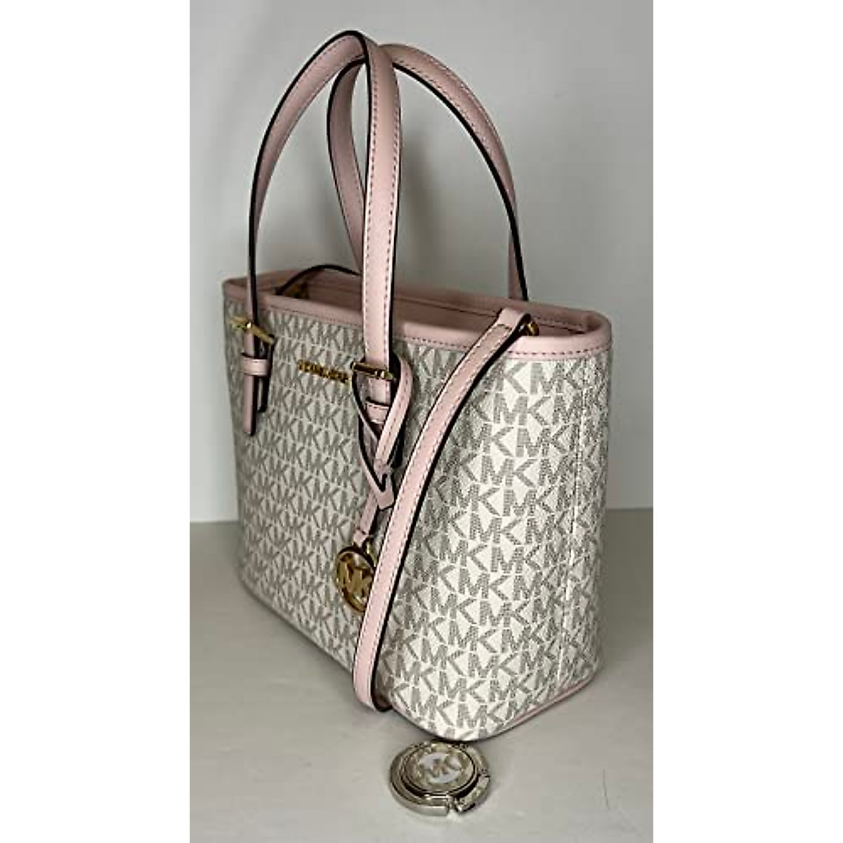 Michael Kors Jet Set Travel XS Carryall Convertible Top Zip Tote bundled with SM TZ Coinpouch and Purse Hook (Signature MK Vanilla/Pink)