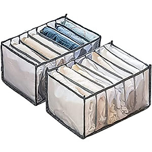 2PCS Clothes Organizer（7 Grids）Drawer Dividers for Clothes - Foldable Grid Storage Box with Multiple Layers, Portable Washable Storage Containers for Scarves, Leggings, T-shirts, Jeans (Jeans and Trousers with 7Grids, Gray)