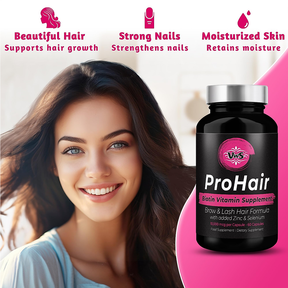 VWS Biotin 10,000 mcg Dietary Supplement w/Zinc & Selenium to Promote Thicker Hair Growth, Stronger Nails & Healthy Skin for Women and Men, 60 Vegan Capsules