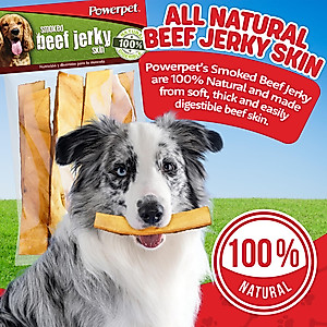 Powerpet Treats Natural Smoked Beef Jerky Skin for Dogs - Premium High Protein, Grain-Free, Rawhide-Free, Long-Lasting Chews, Ideal for All Breeds, Promotes Dental Health - Easy Digestion - 8oz Bag